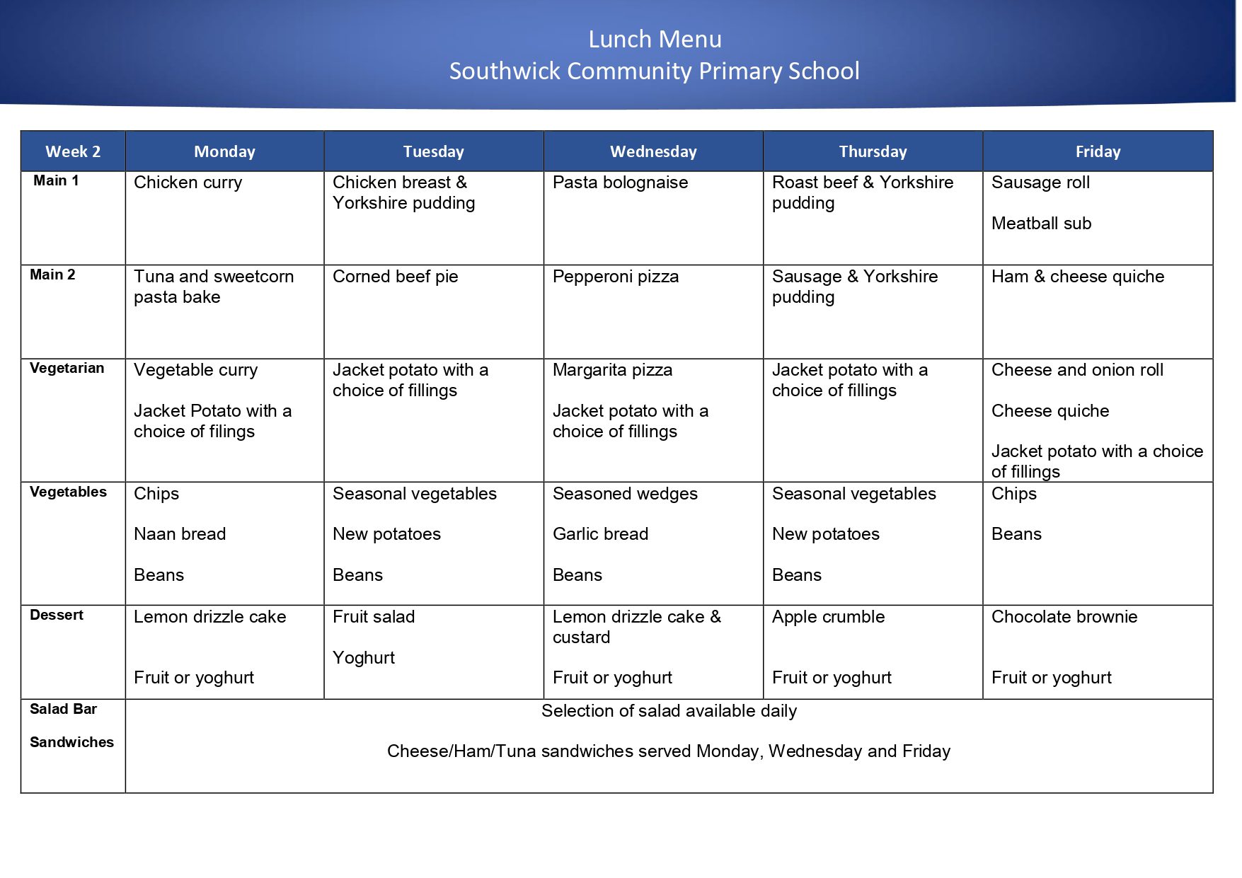 Lunch Menu | Southwick Community Primary School